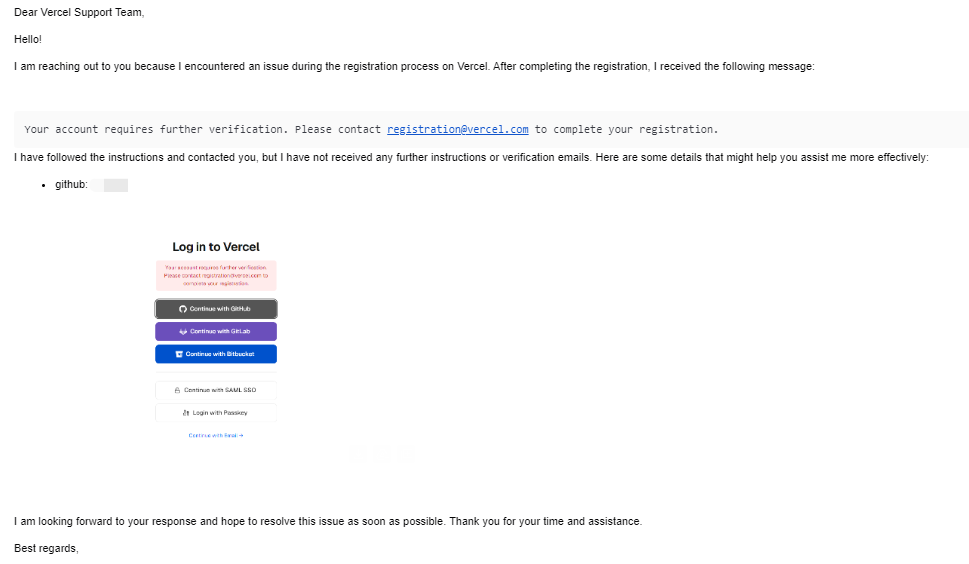 亲测！解决vercel注册问题Your account requires further verification. Please contact registration@vercel ...