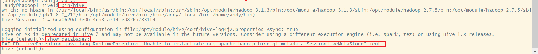 解决：在hive中报错 Unable to instantiate org.apache.hadoop.hive.ql.metadata.SessionHiveMetaStoreClient ...