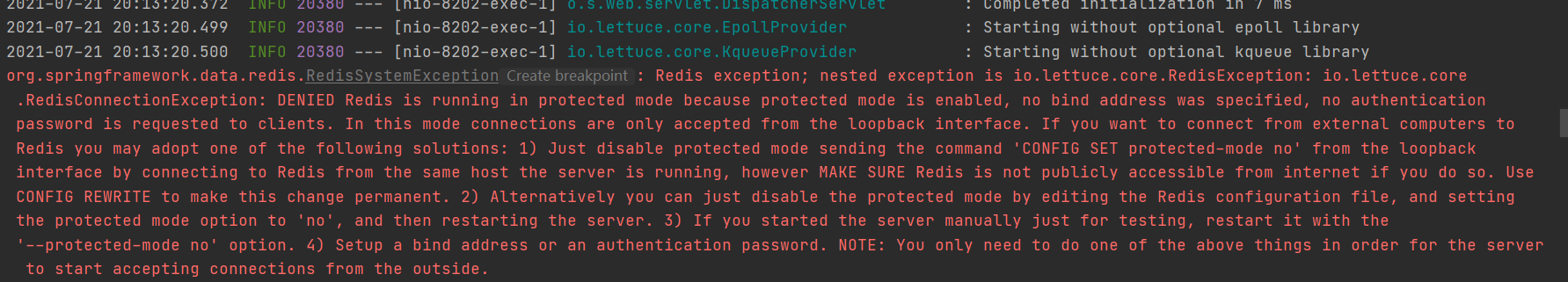 SpringBoot整合Redis服务出现DENIED Redis is running in protected mode because protected mode is enabled ...