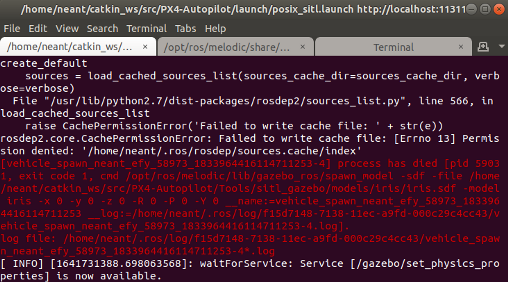 Roslaunch Px4 Posixsitllaunch加载时报错 Error Spawn Service Failed Exiting Error 1703510736 3930