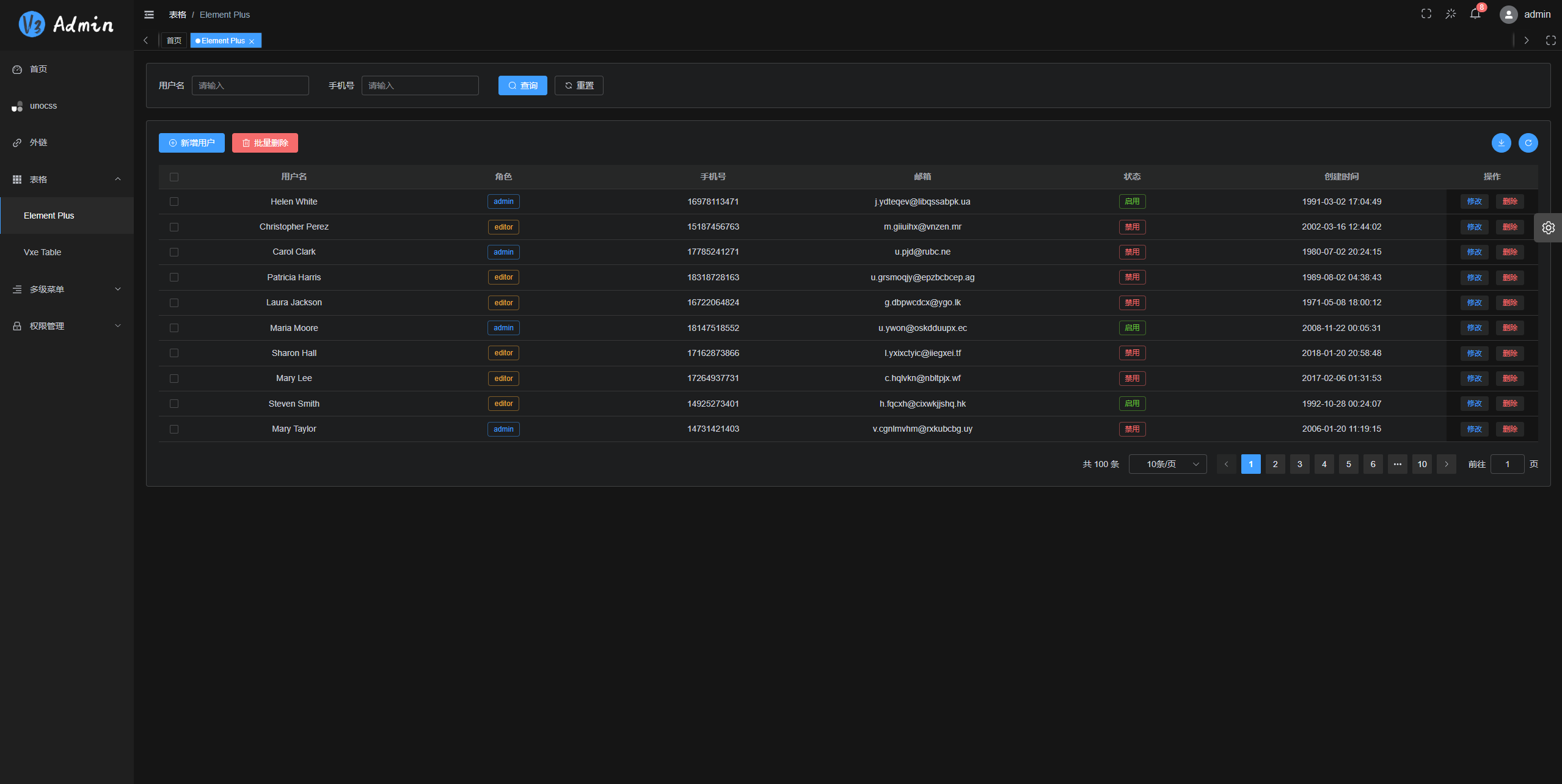 V3 Admin Vite:是一个免费开源的中后台管理系统基础解决方案,基于 Vue3、typescript、element Plus