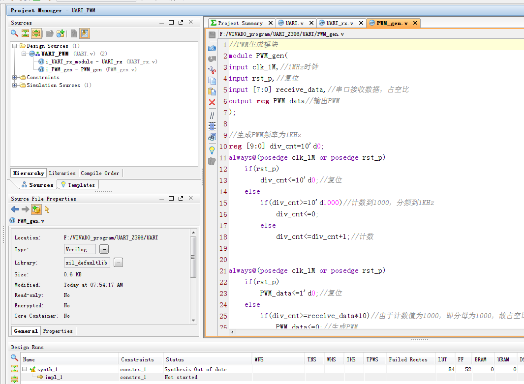 可通过UART串口修改PWM占空比设计Verilog代码VIVADO仿真_基于uart可配置的pwm正弦波发生器设计verilog语言-CSDN博客