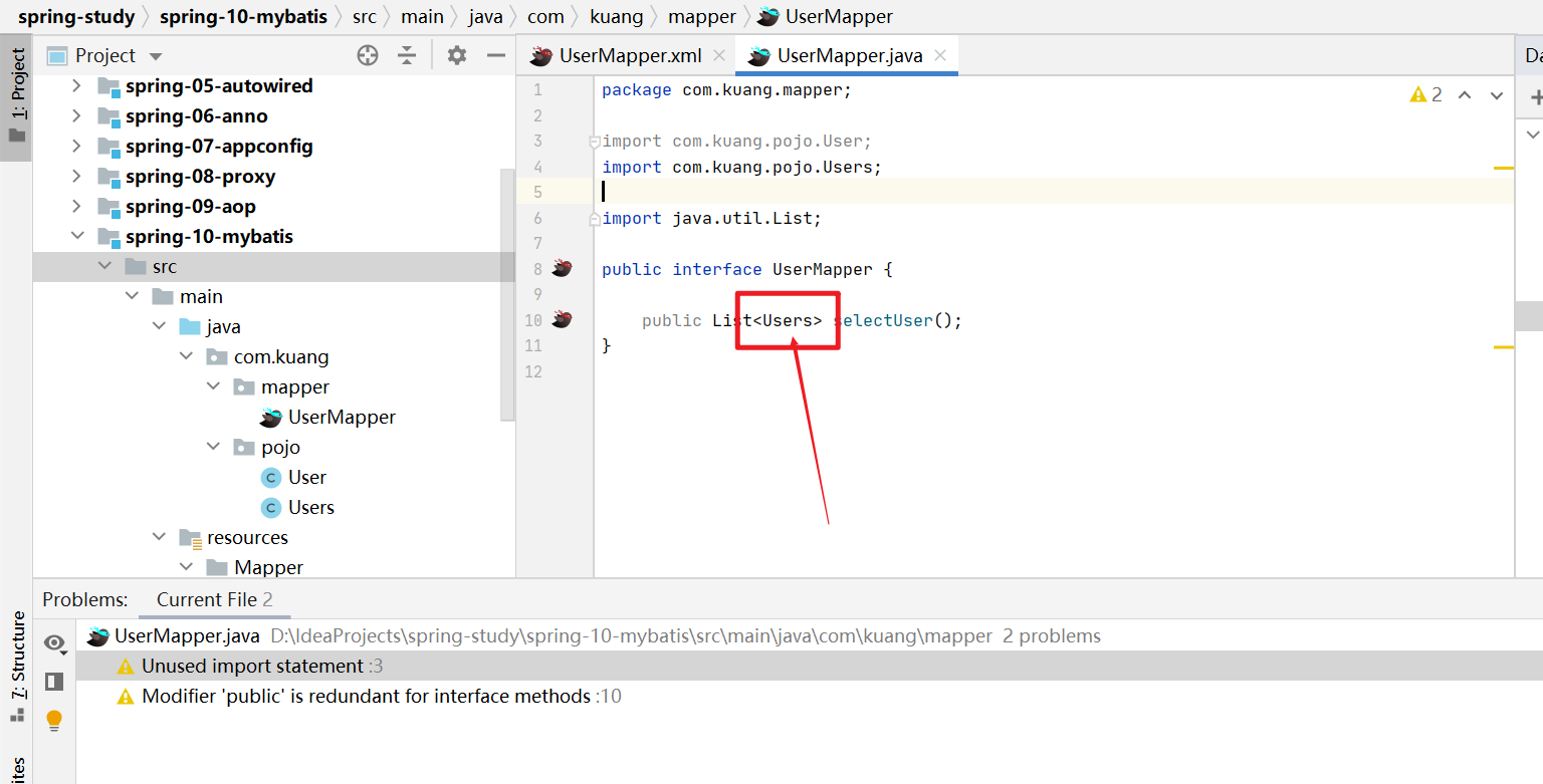 【问题解决】mybatis 类型不匹配两种解决办法 -Result type not match for select id=“selectUser“ srcType: com.kuang ...