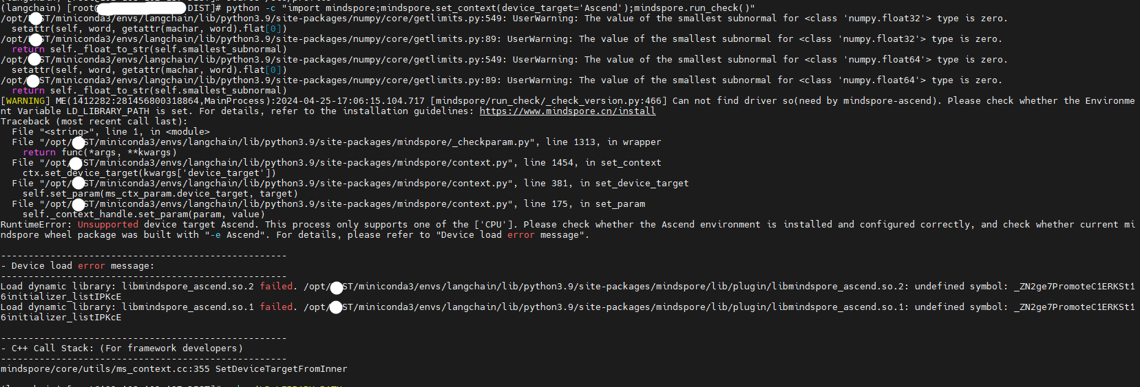 使用conda方式安装Mindspore报错RuntimeError: Unsupported device target Ascend. This process only supports ...