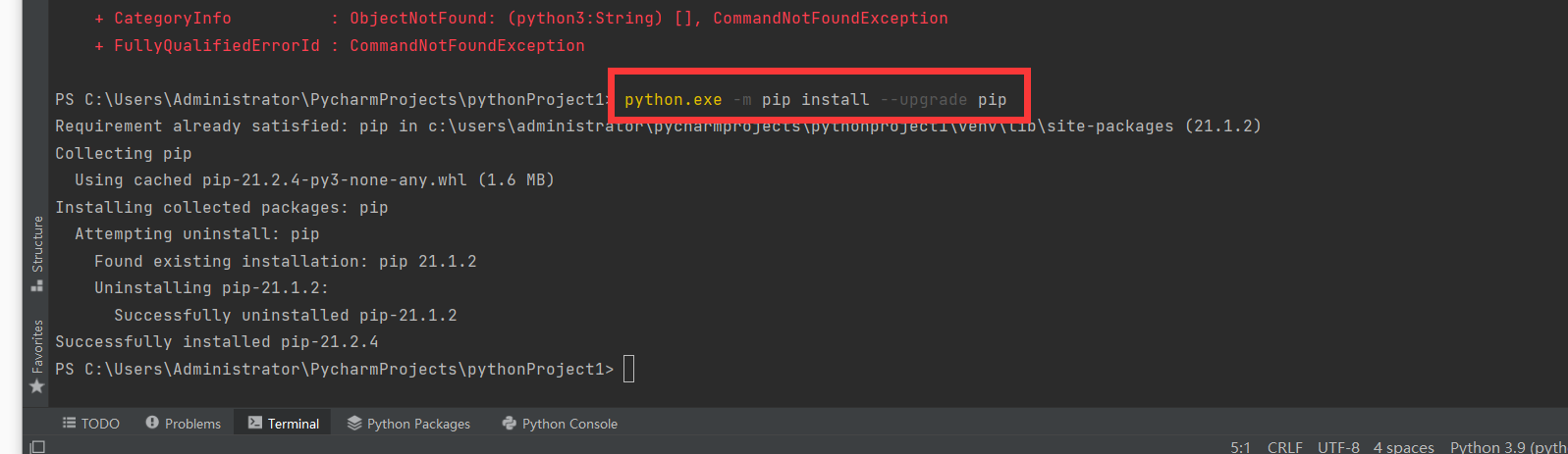 出现WARNING: You are using pip version 21.1.2； however, version 21.2.4 is available.警告_you are ...