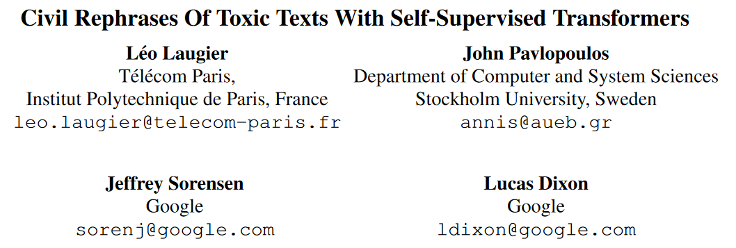 【论文笔记】Civil Rephrases Of Toxic Texts With Self-Supervised Transformers ...
