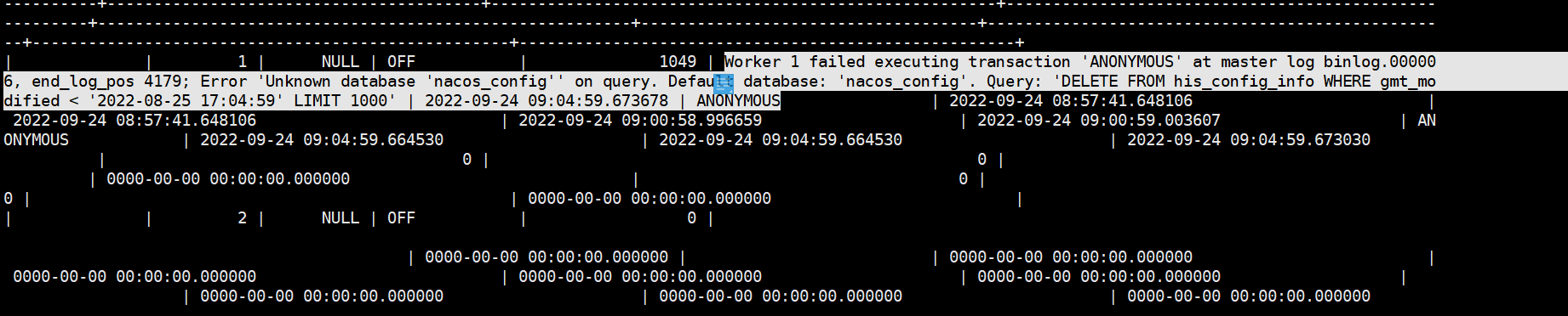nacos用mysql主从同步报错 Worker 1 failed executing transaction ‘ANONYMOUS‘ at master解决方案_the most ...
