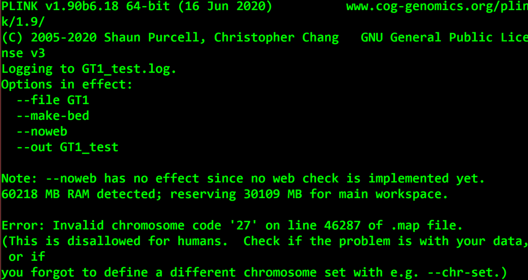 2020.10.26丨Error: Invalid chromosome code ‘27‘ on line 46287 of .map file. Plink报错解决方法_invalid ...