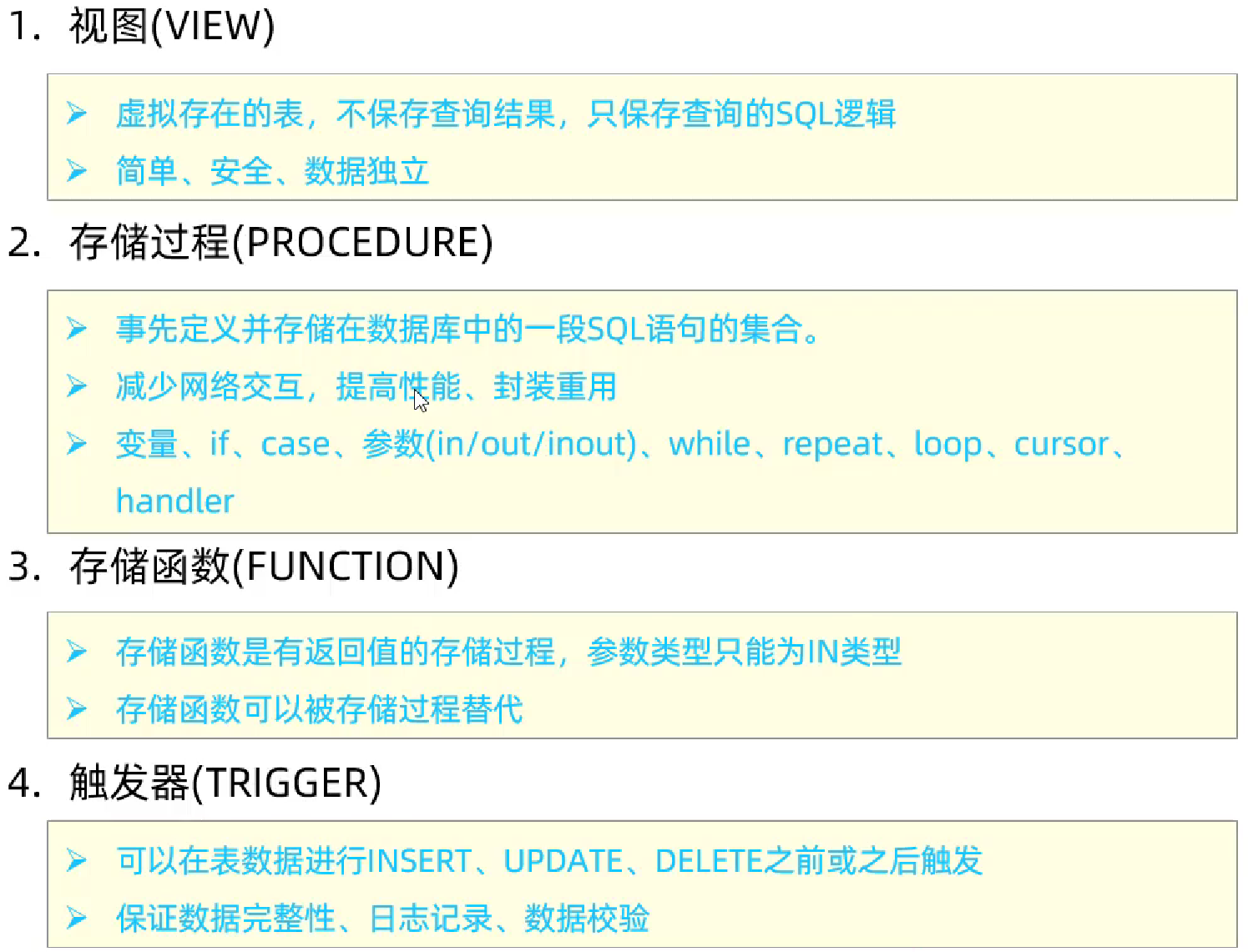 MySQL——视图/存储过程/触发器：（级联、本地）、视图用、存储过程（变量（系统、用户定义、局部变量）、if、case、while、repeat、loop、游标、条件处理程序、存储函数）触发 ...