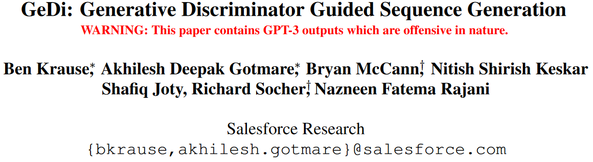 【论文笔记】GeDi:Generative Discriminator Guided Sequence Generation_gedi: generative discriminator ...