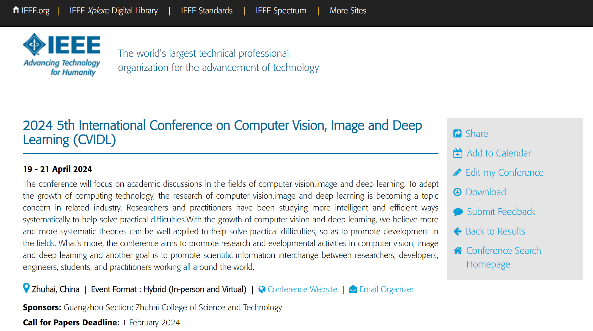 【珠海科技学院主办，科研院所协办 | IEEE出版，往届均已见刊并完成EI、SCOPUS检索】第五届计算机视觉、图像与深度学习国际学术会议 ...