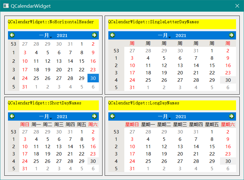 高级Widgets(02)：【类】QCalendarWidget[官翻]_qcalendarwidget 星期简写-CSDN博客