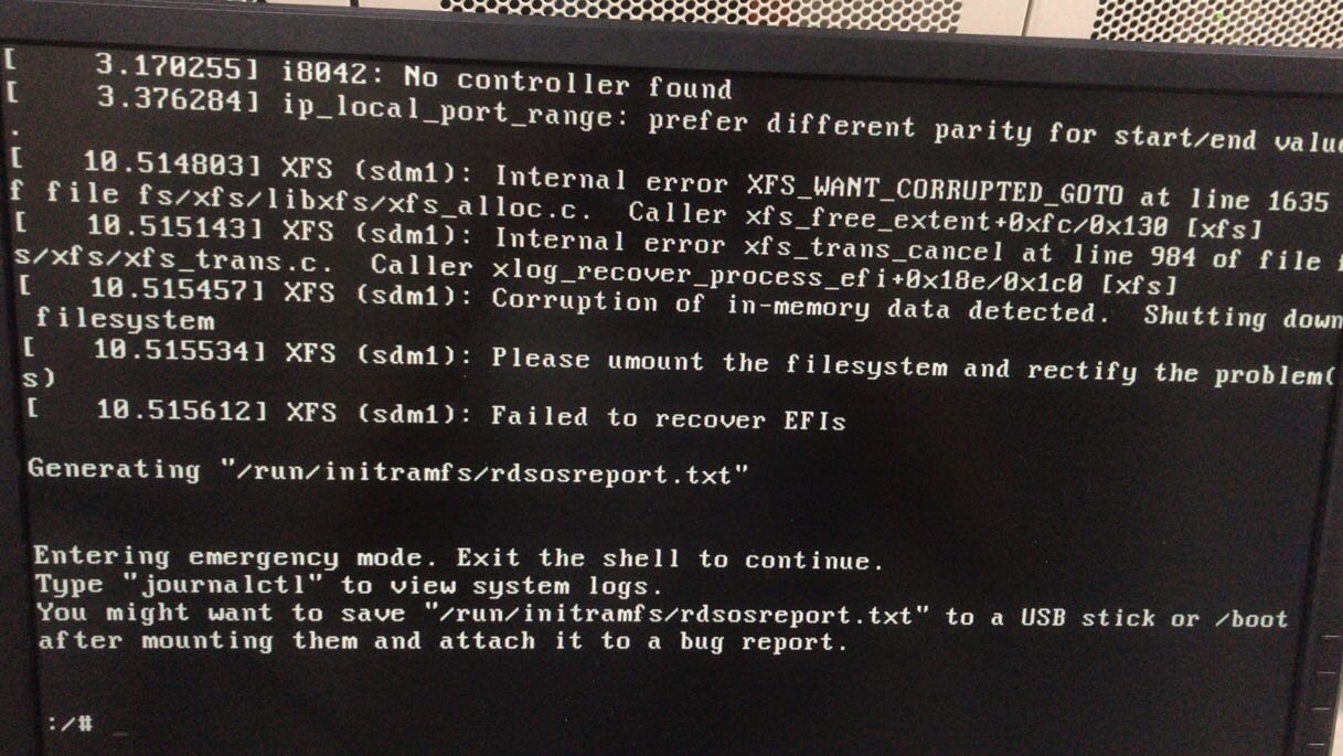 Centos 7启动报错：xfs(sdm1):Internal error XFS_WANT_CORRUPTED_GOTO 处理_no controller found-CSDN博客