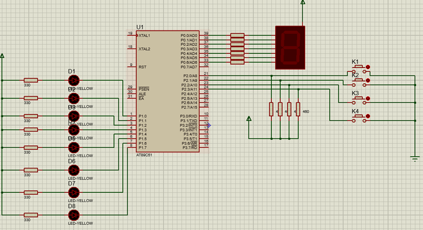 C51单片机-按下K1时，8个led灯实现流水灯点亮；按下K2，8个led灯从中心到两端，再从两端到中心依次点亮；按下K3，数码管循环显示数字0至9，按下K4，数码管循环显示5201314 ...