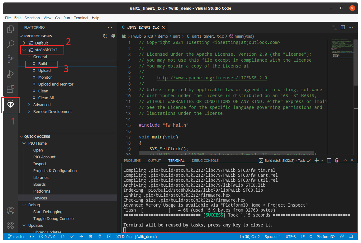 STC8H开发(二): 在Linux VSCode中配置和使用FwLib_STC8封装库(图文详解)_stc8h3k32s2引脚图-CSDN博客