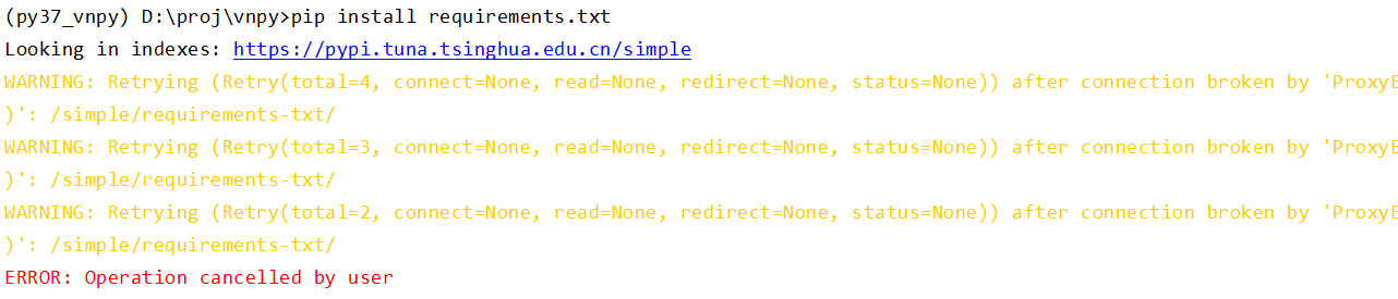 WARNING: Retrying (Retry(total=4, connect=None, read=None, redirect=None, status=None)) after ...
