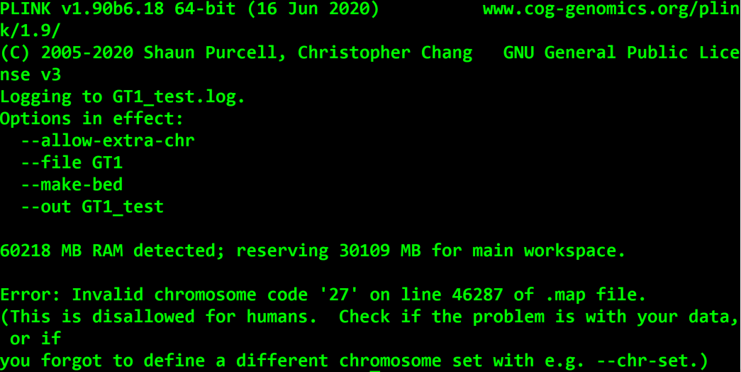 2020.10.26丨Error: Invalid chromosome code ‘27‘ on line 46287 of .map file. Plink报错解决方法_invalid ...