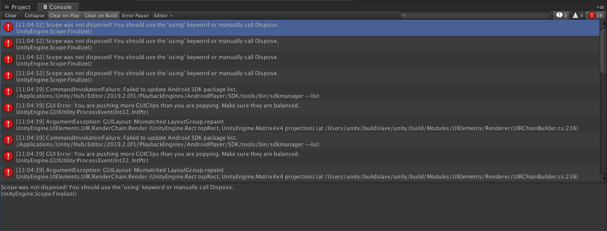 Unity 报错之 Scope was not disposed, You should use the ‘using‘ keyword or manually call Dispose ...