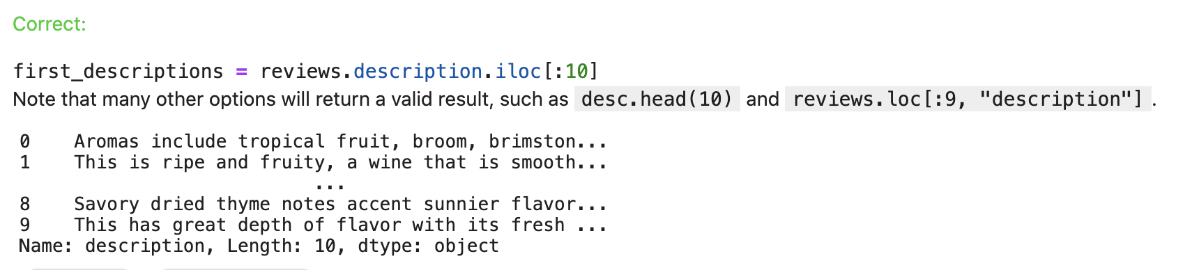 【python|kaggle】机器学习系列之pandas基础练习题(二)从reviews中获取名为description的列并将它赋值