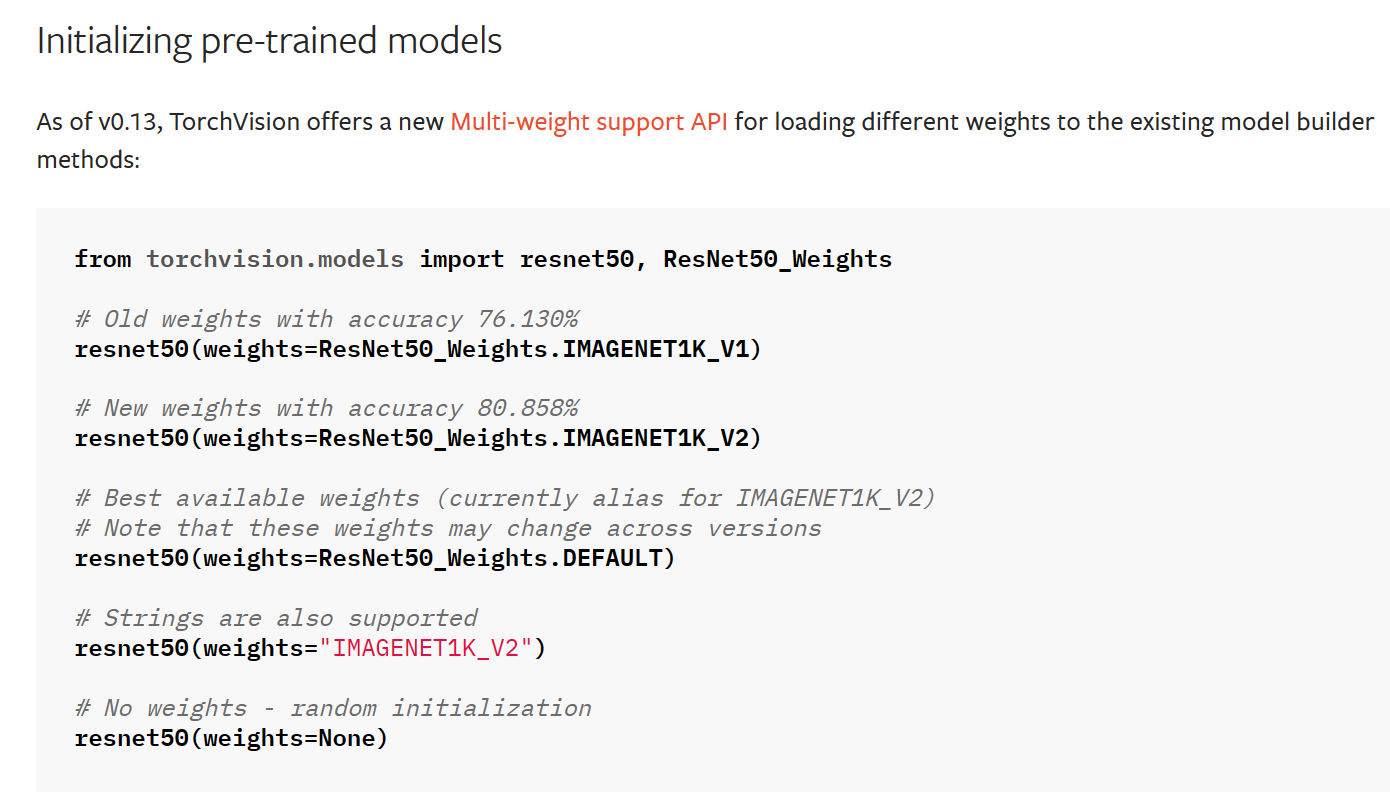 Torchvision的models不再含pretrained参数，转而由weights代替 Torchvision Pretrained